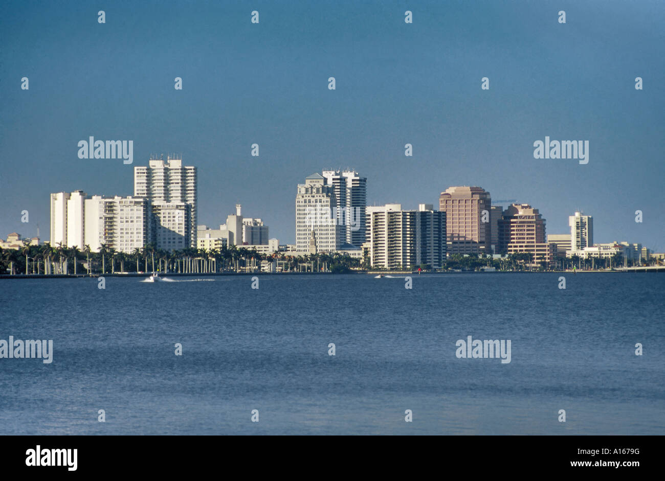 Downtown West Palm Beach over the sea, view from Southern Blvd Bridge ...