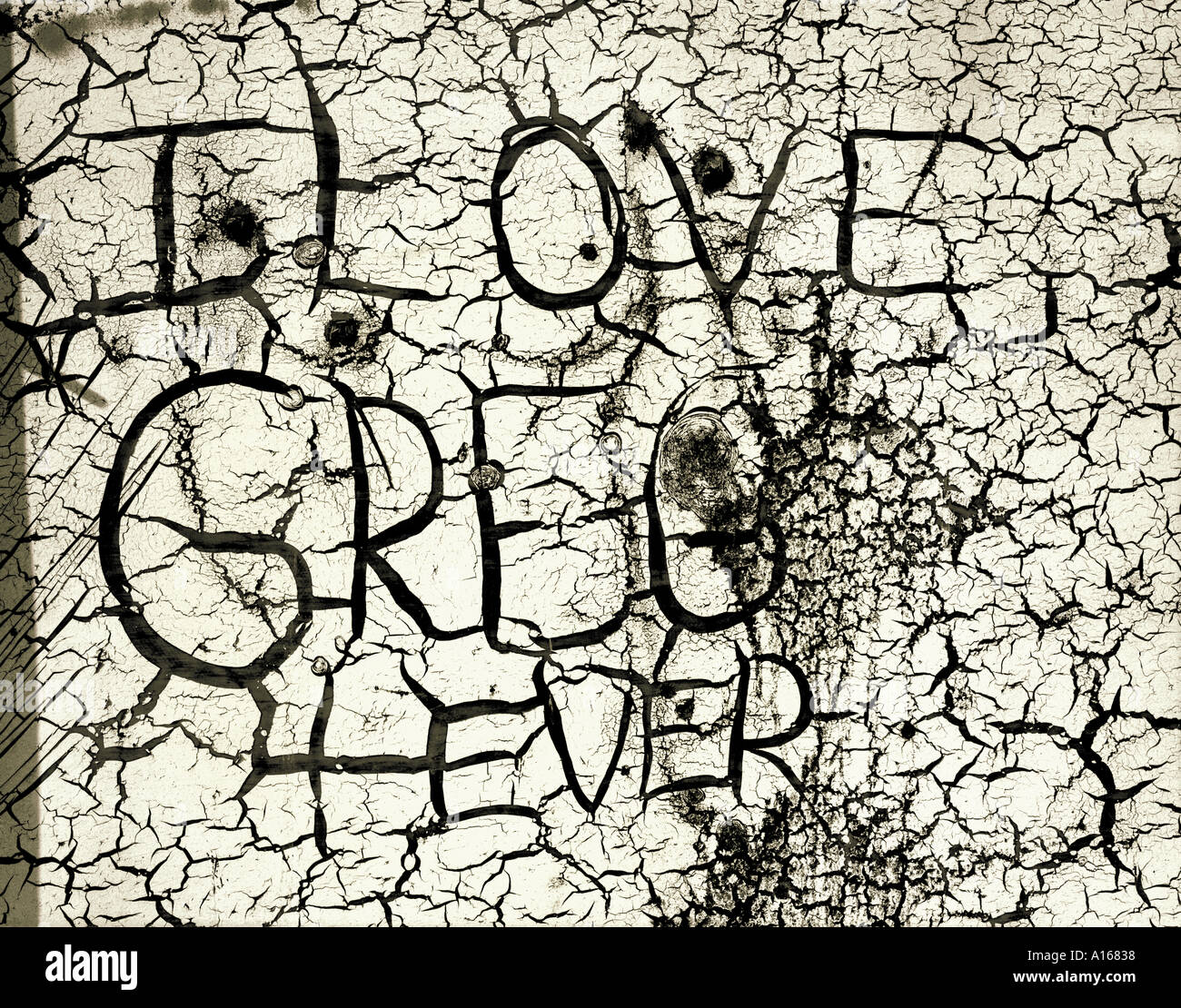 A platinum print of cracked paint with graffiti that reads I Love Greg ...