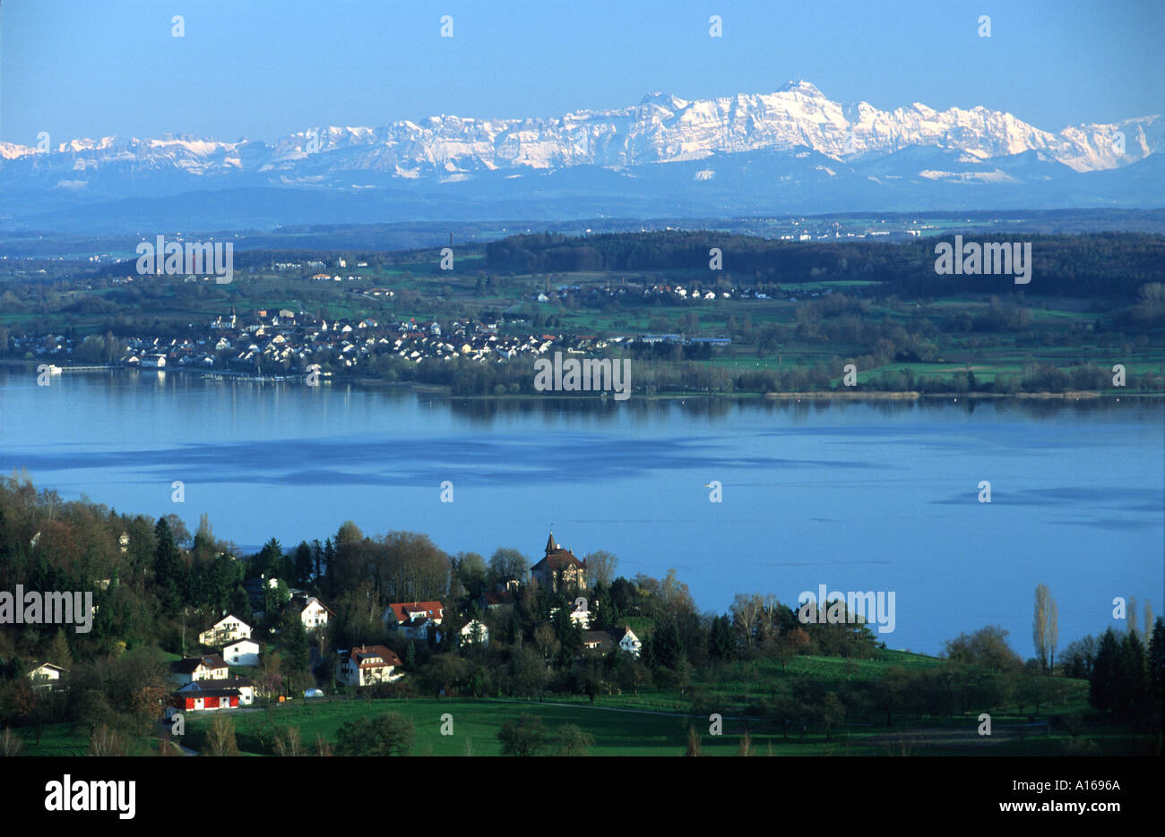 Lake Ueberlingen and Lake Constance (Bodensee) with Swiss Alps ...