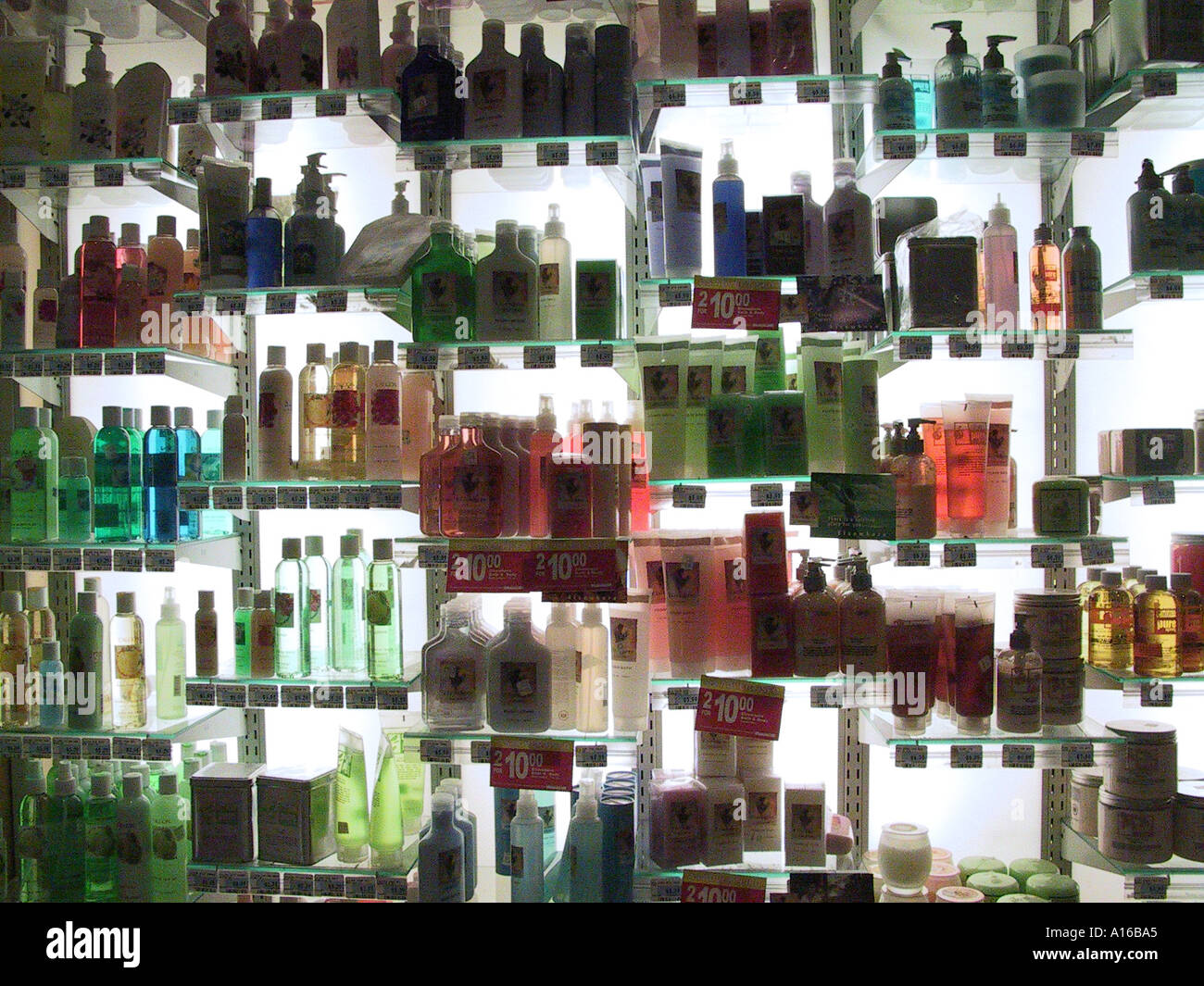 Colourful lotion bottles on a drugstore display in the Grand Central ...