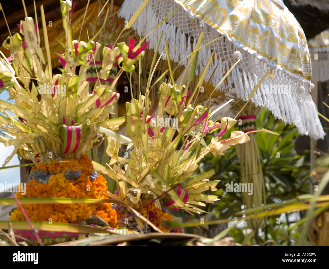 Temple shrine decoration during a feast day showing bamboo ornaments ...