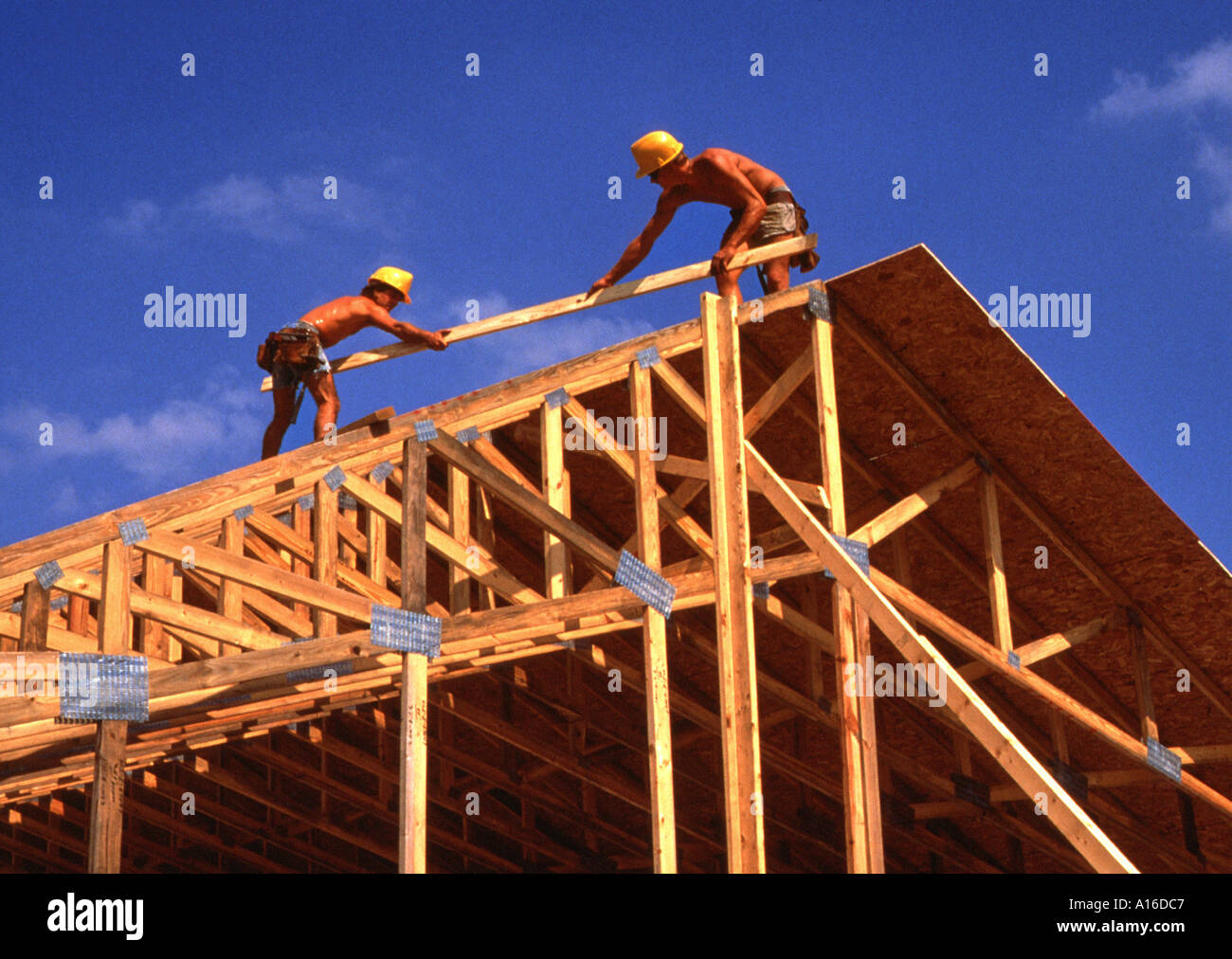 Construction Two men working on top of wood house frame building home ...