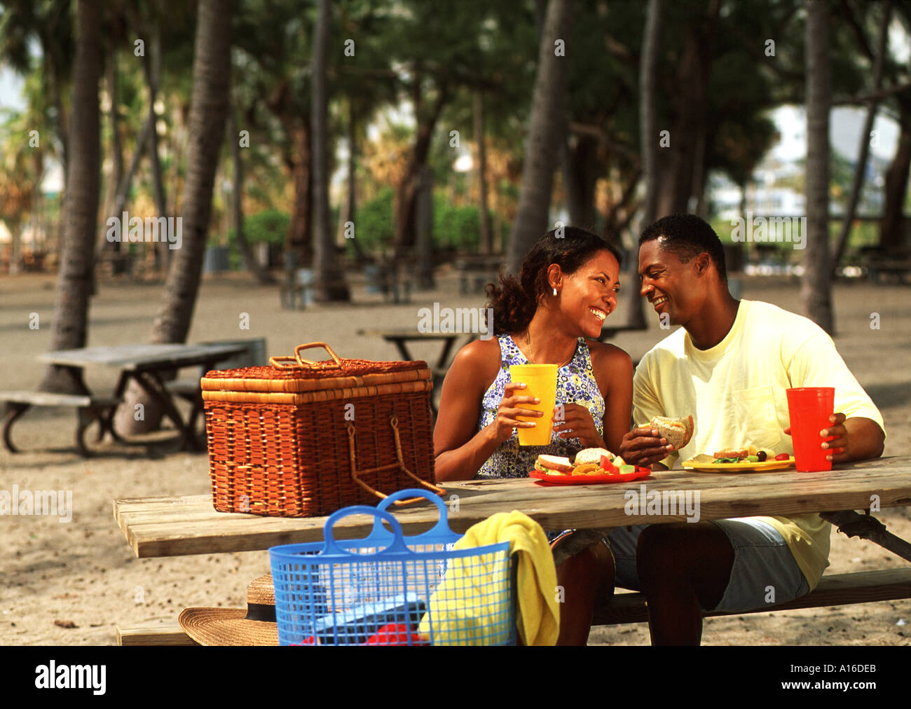 Black African American couple enjoying a picnic at the beach Stock ...