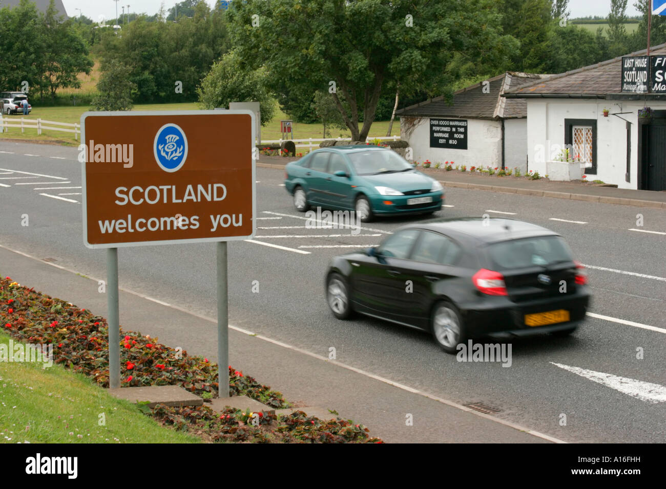 Scotland sign at Scotland England border at Gretna Green Stock Photo ...