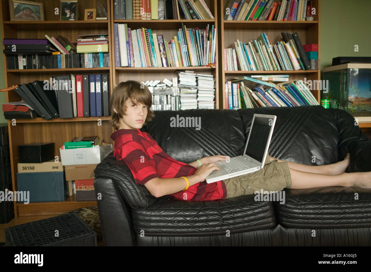 13 year old causcasian male using a laptop computer Stock Photo - Alamy