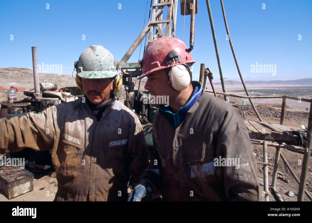 drill crew with their rig at mining camp Atacama Desert Chile Stock ...