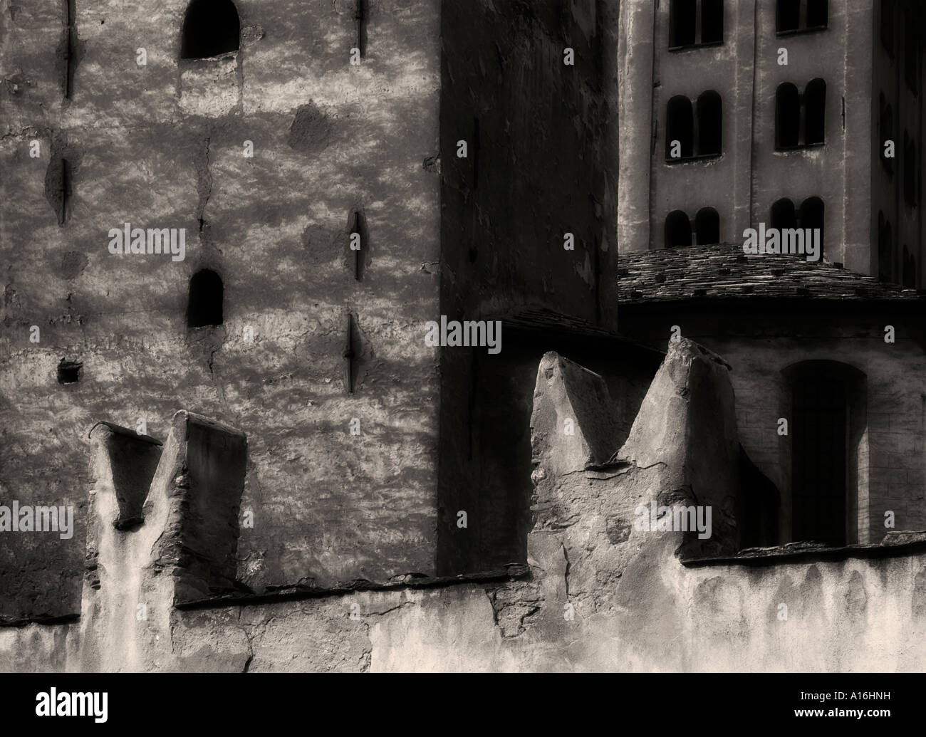 Detail of very old buildings in the Italian town of Aosta Stock Photo ...