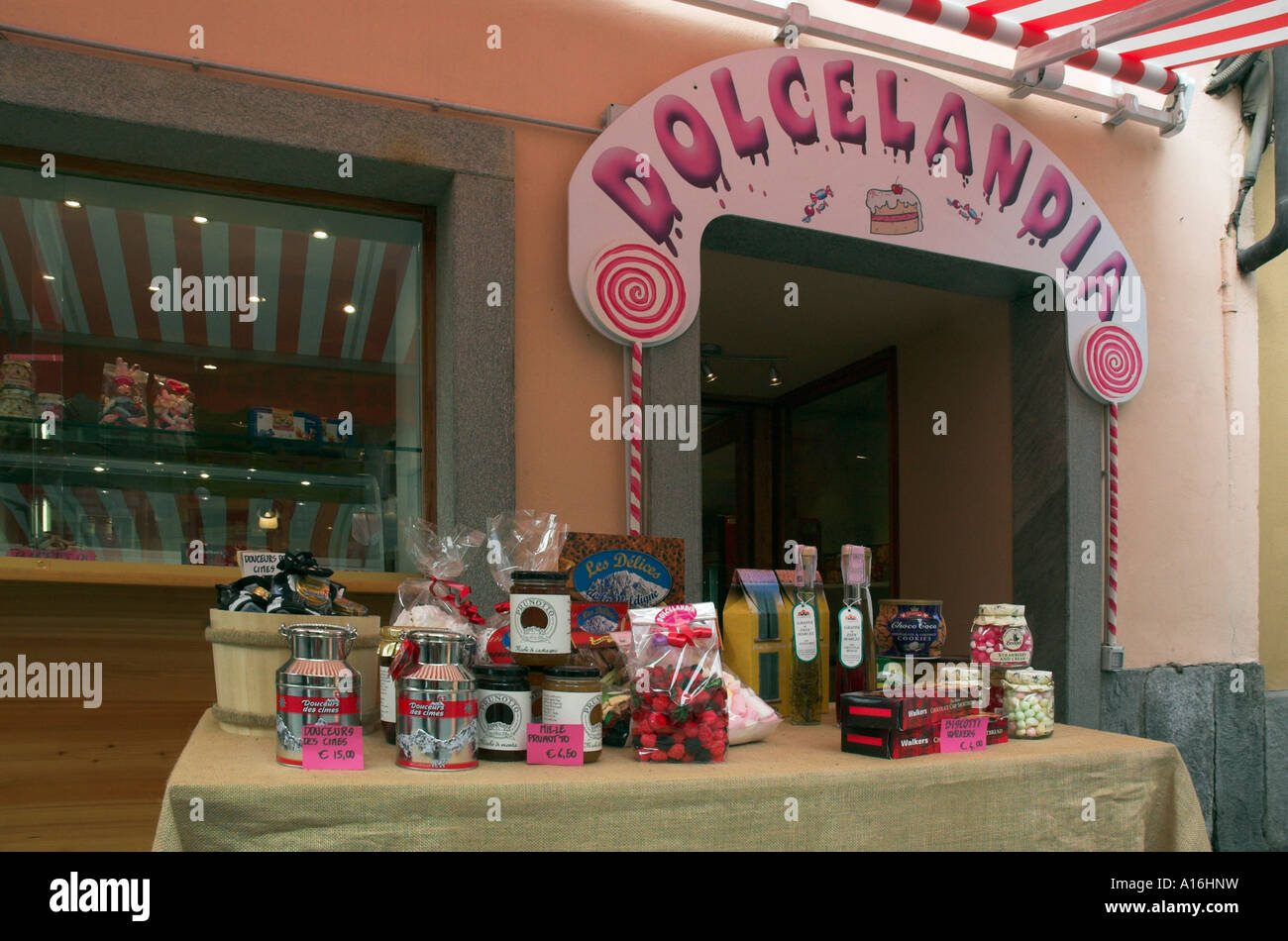 Sweets for sale at a stall outside a shop in the Italian town of Aosta ...