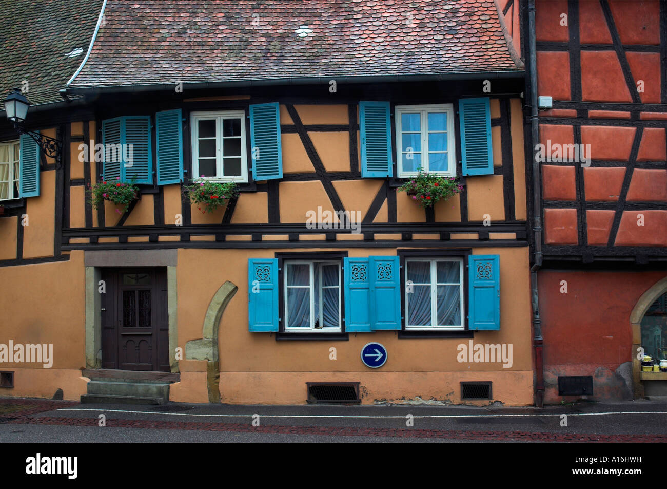 Very old buildings in the lovely Alsace village of Eguisheim Stock ...