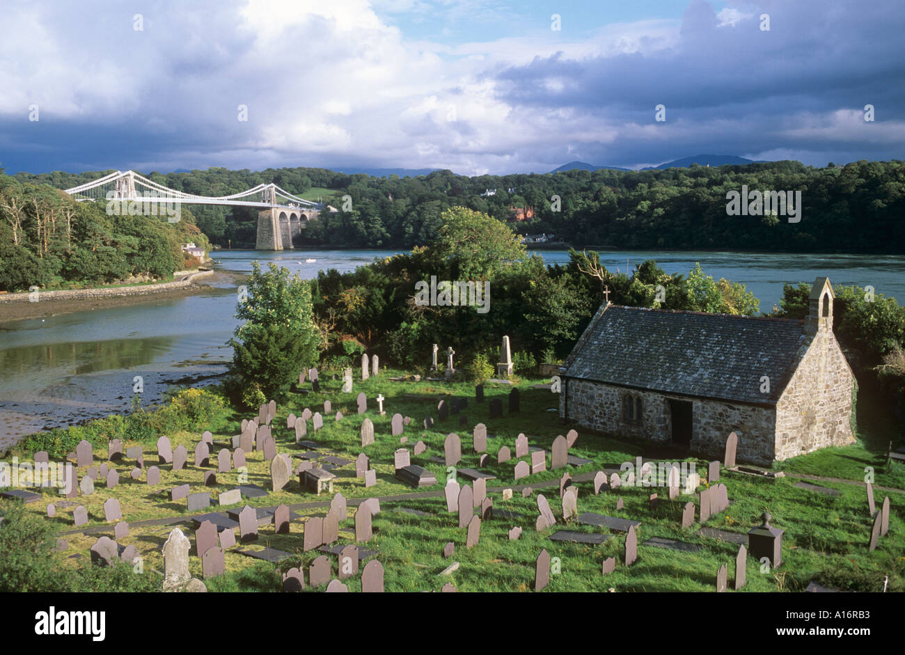 St Tysilios church and the Menai Suspension Bridge, Anglesey Stock ...
