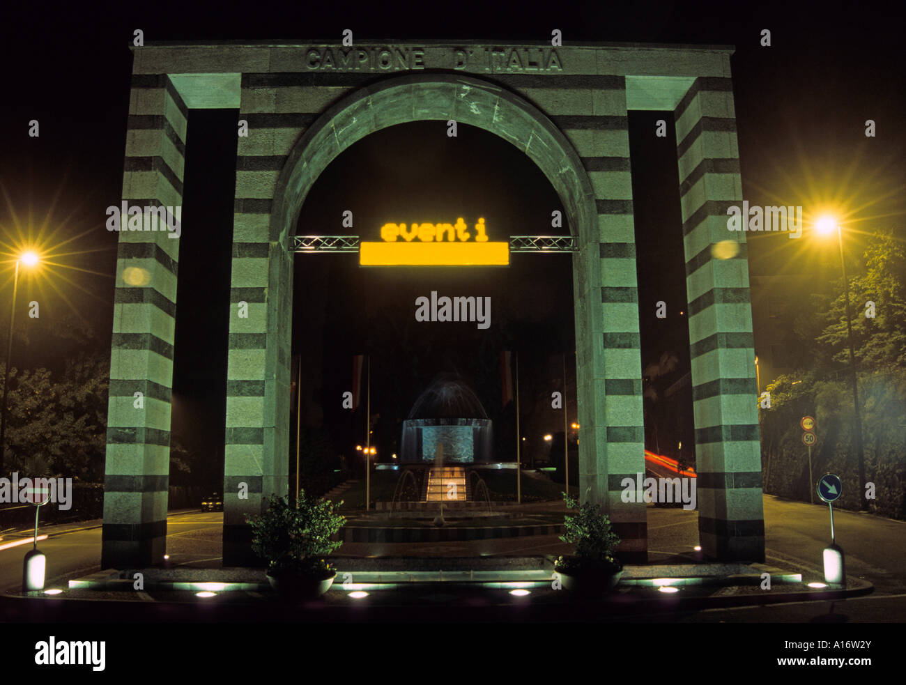 a night view of the arch at the entrance of Campione d Italia a small ...