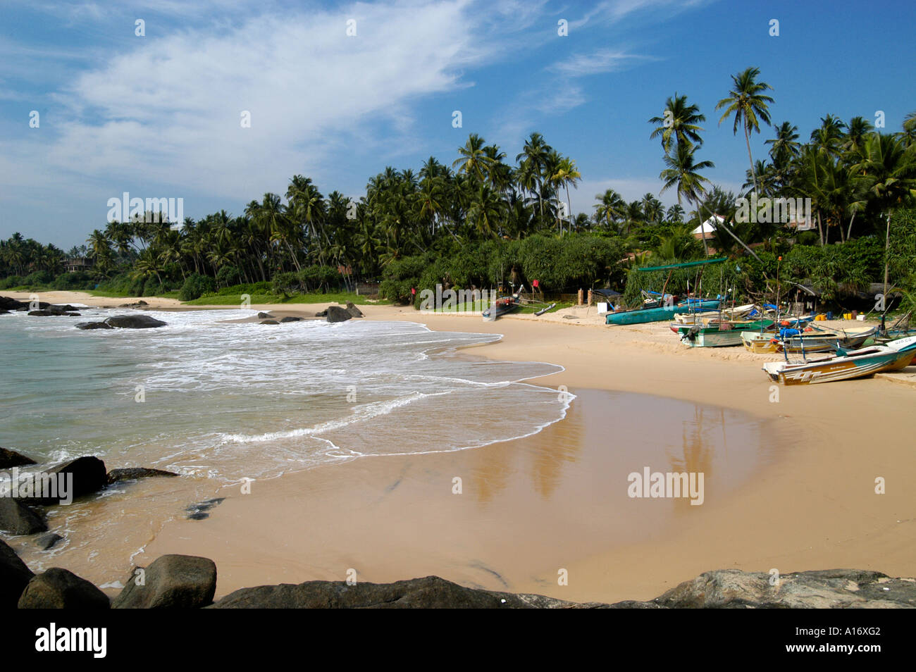 Tangalla Beach Sea Water Sand Palm Tree Boat Coast Stock Photo - Alamy