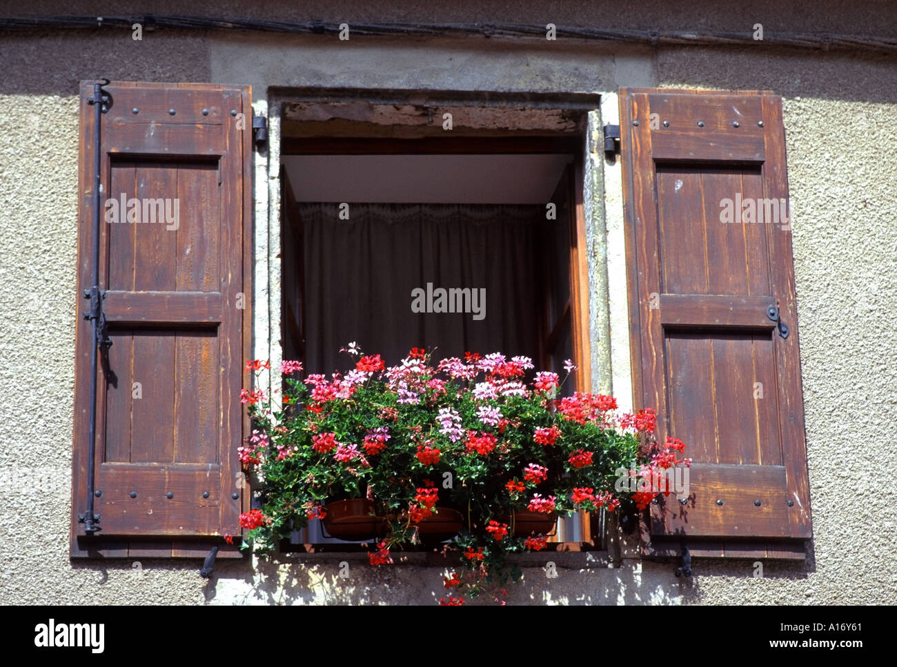 france shutters window flowers region florac cevennes Stock Photo - Alamy