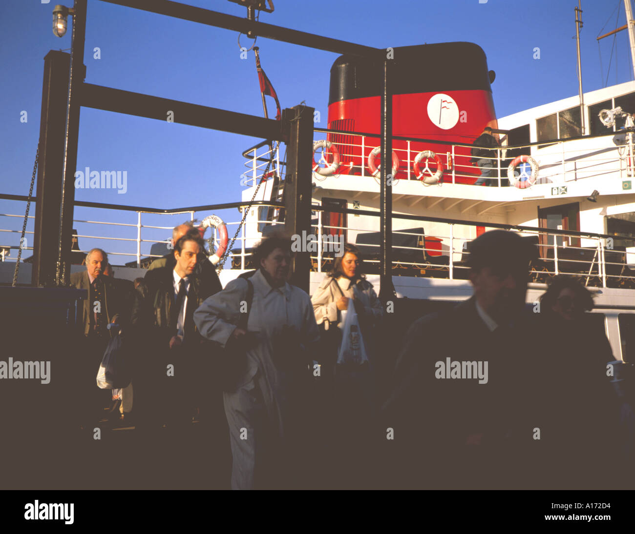 Passengers disembarking Mersey ferry MV Overchurch at the Liverpool ...