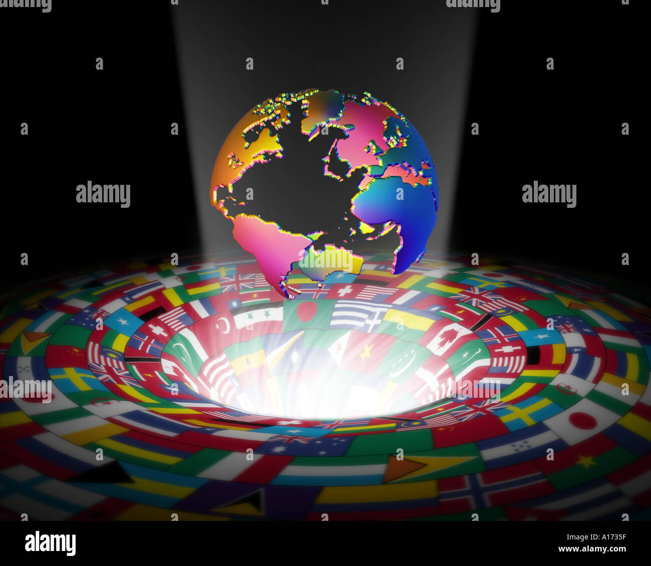 Earth Model hovering over rapidly rotating flag vortex Stock Photo - Alamy