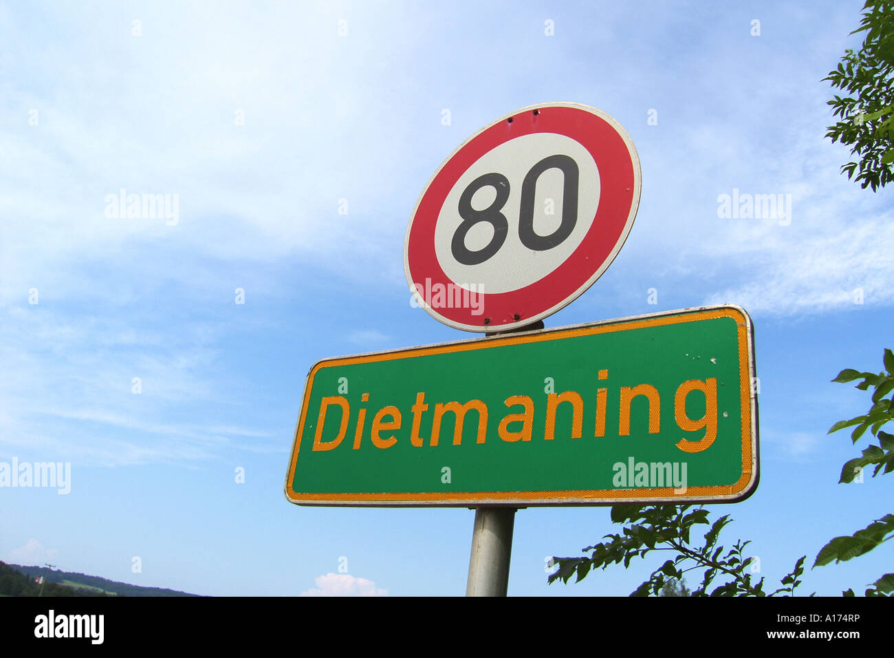 speed limit and place-name sign Stock Photo - Alamy