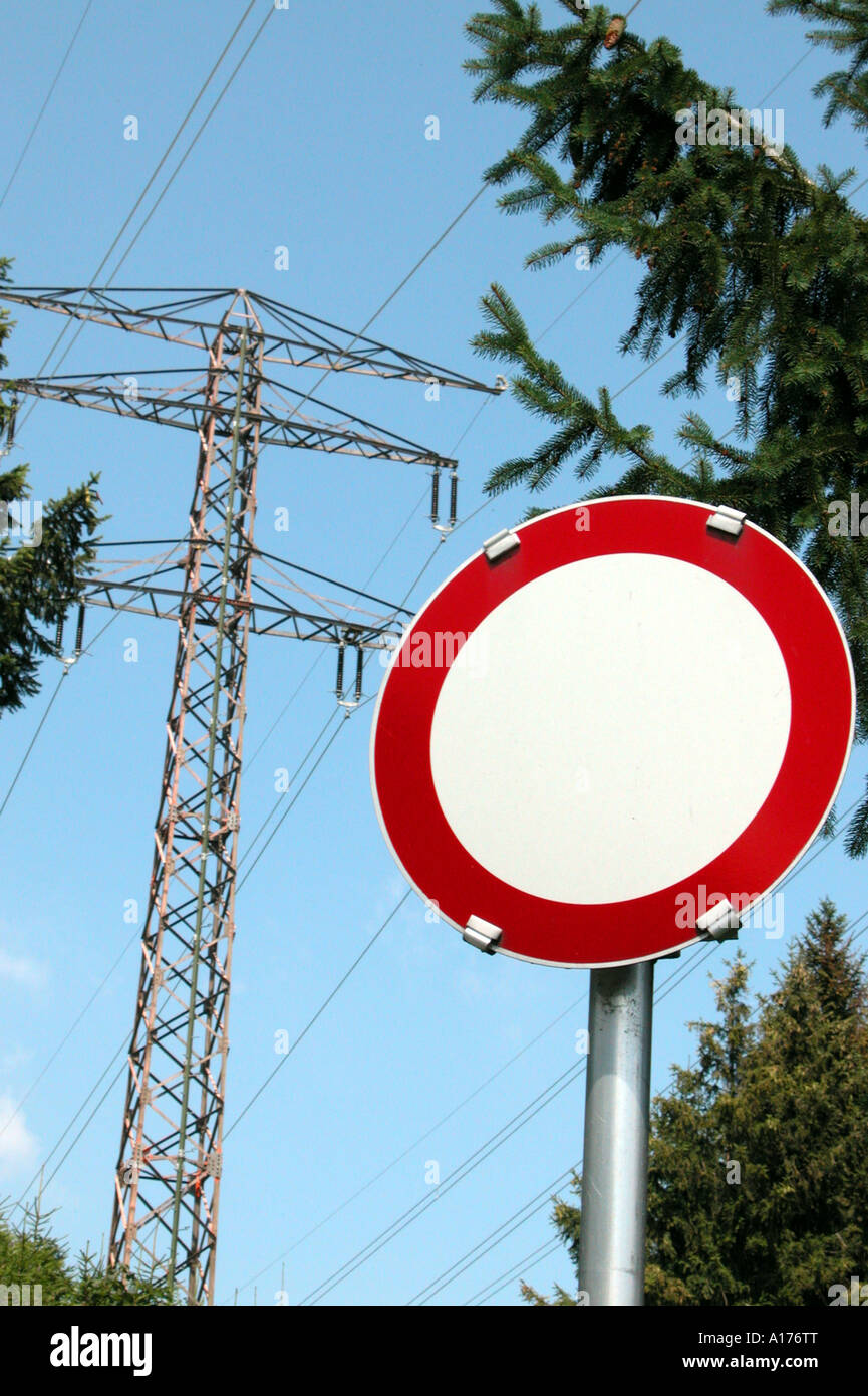 power lines with driving ban sign Stock Photo - Alamy