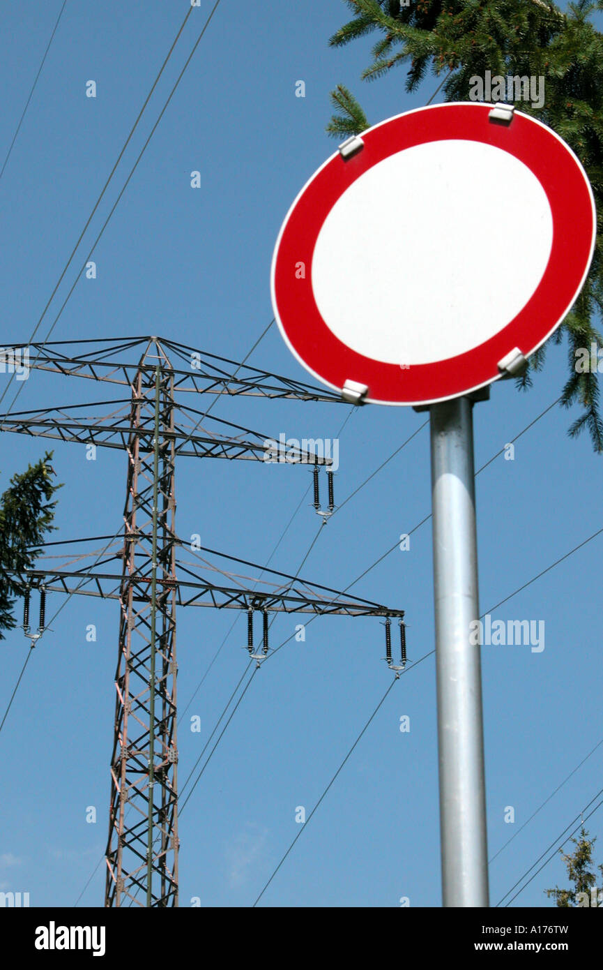 power lines with driving ban sign Stock Photo - Alamy