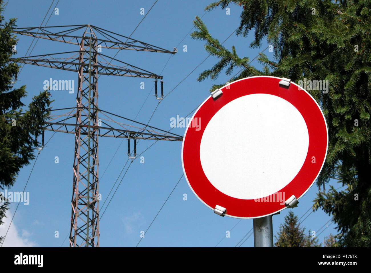 power lines with driving ban sign Stock Photo - Alamy