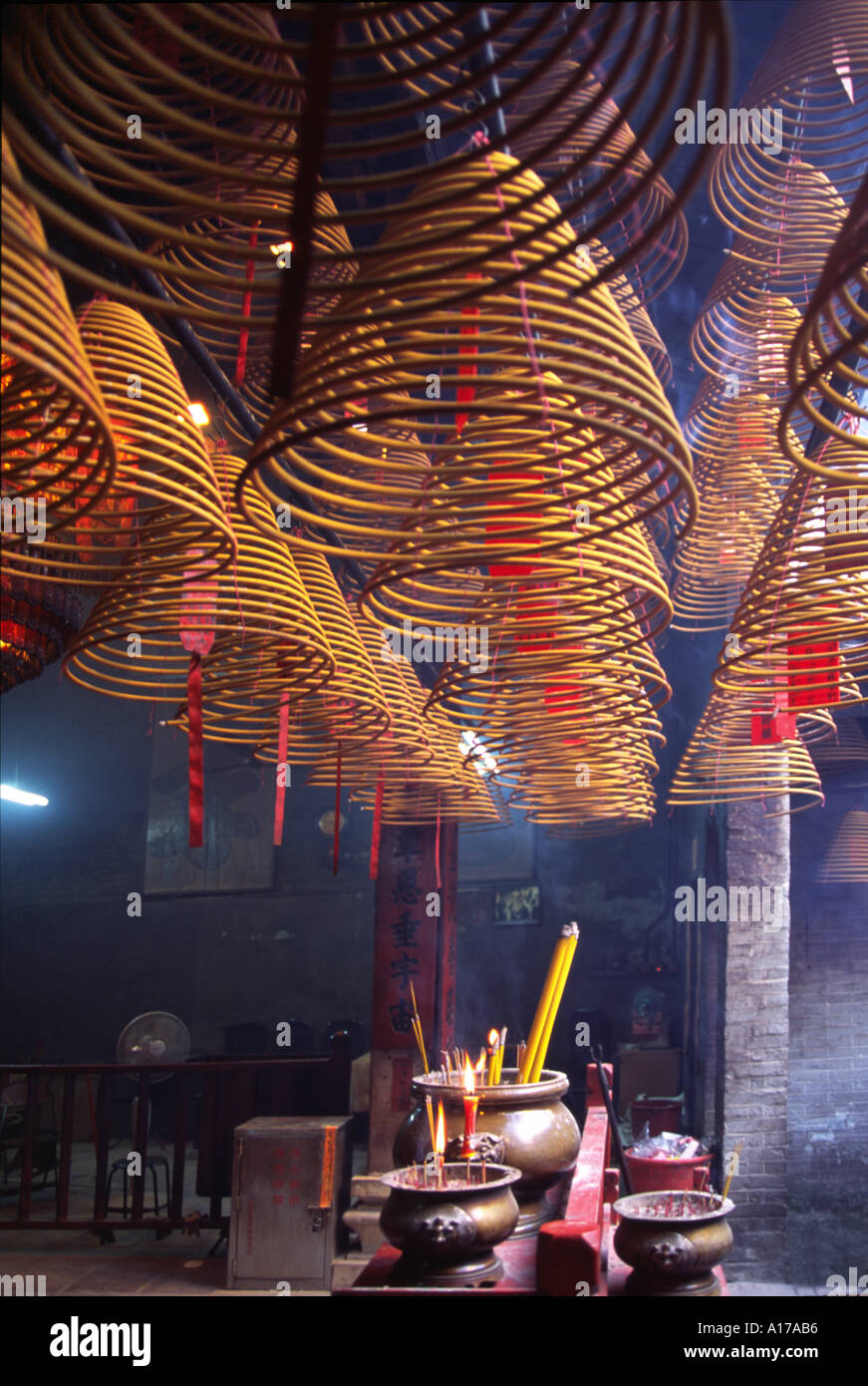 Spiral incense sticks and burners at Man Mo Temple in Hong Kong Stock ...