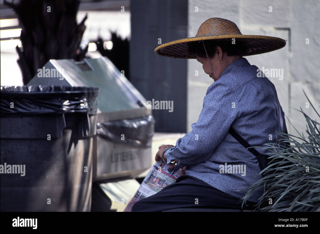 Woman in Chinese rattan hat collecting newspapers from a public refuse ...