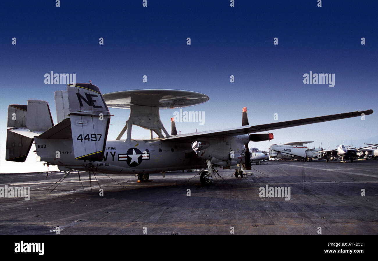 War plane on the upper deck of the USS flagship Constellation Stock ...