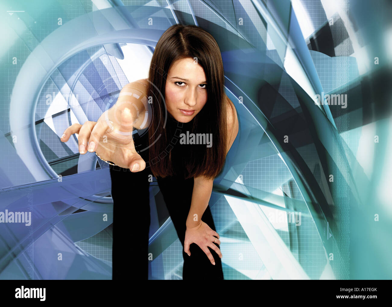 Woman touching a virtual screen Stock Photo - Alamy