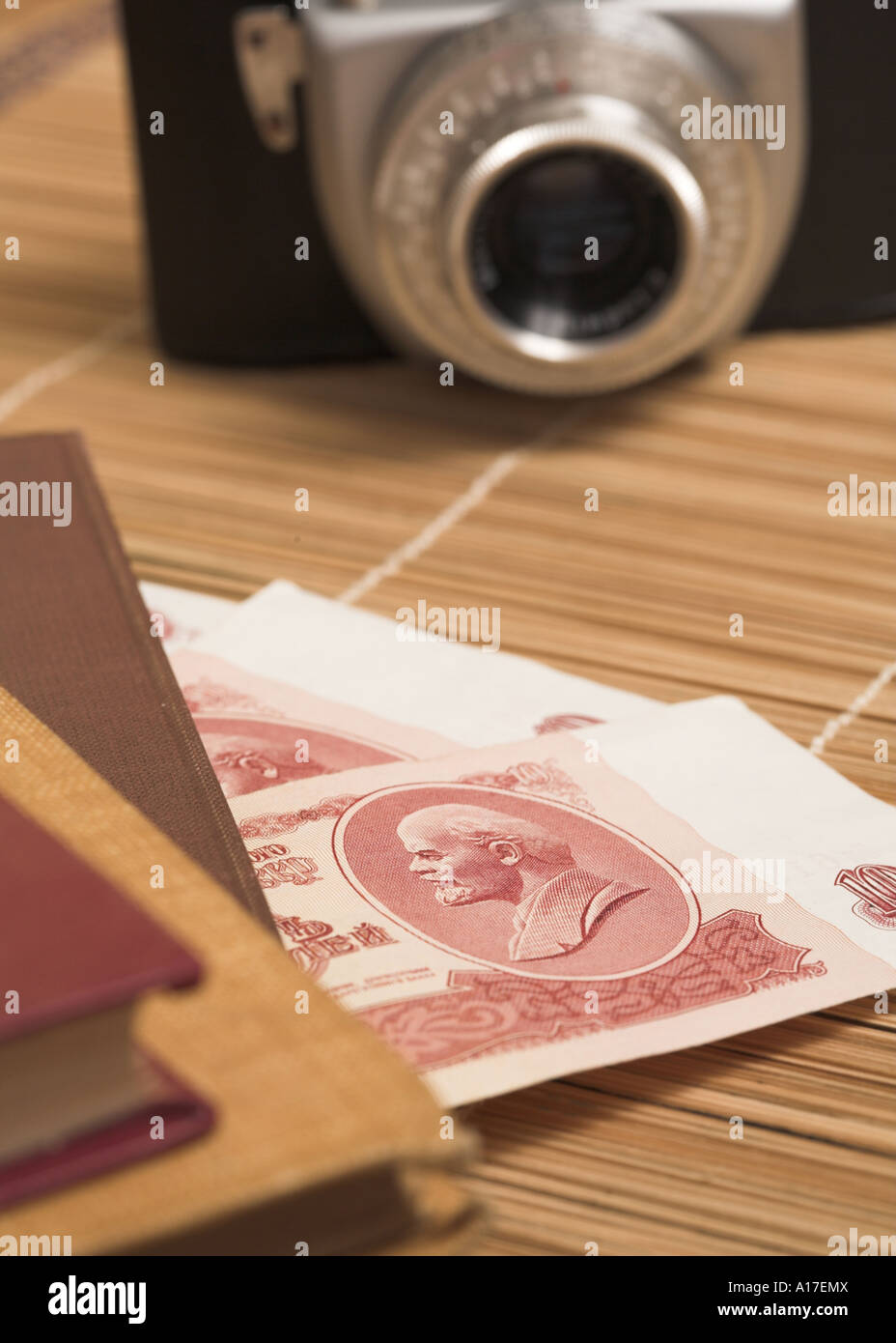 Old camera, books and old russian money Stock Photo - Alamy