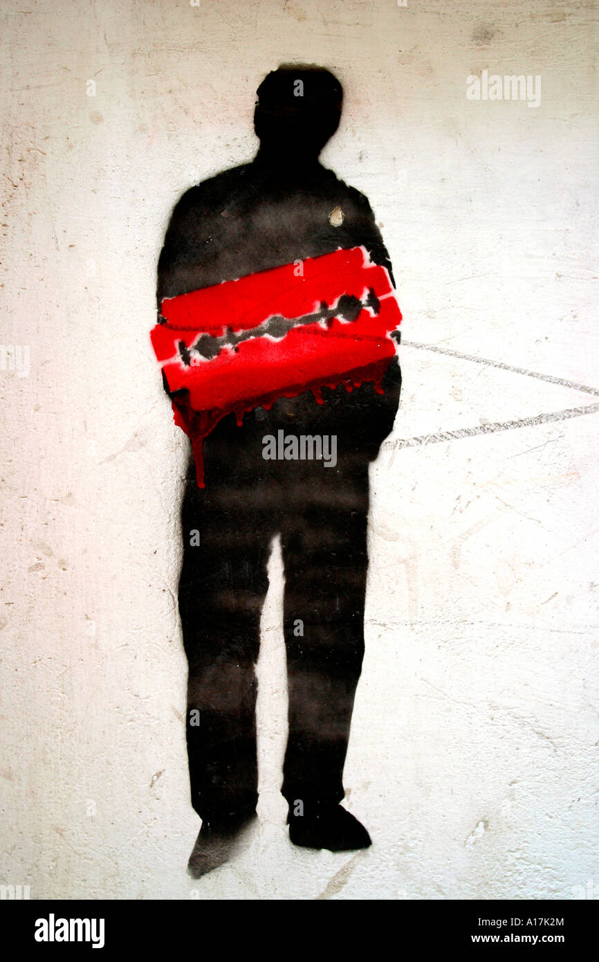 Man and a red Razor blade, Stencil Graffiti Art Stock Photo - Alamy