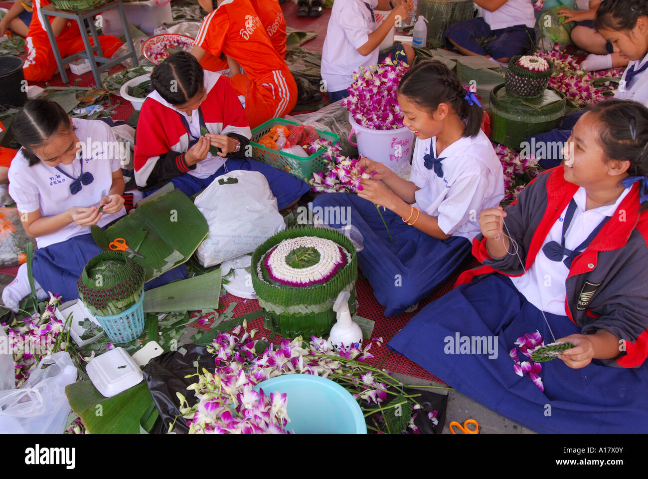 School children making Krathongs for the Loy Krathong festical Chiang ...