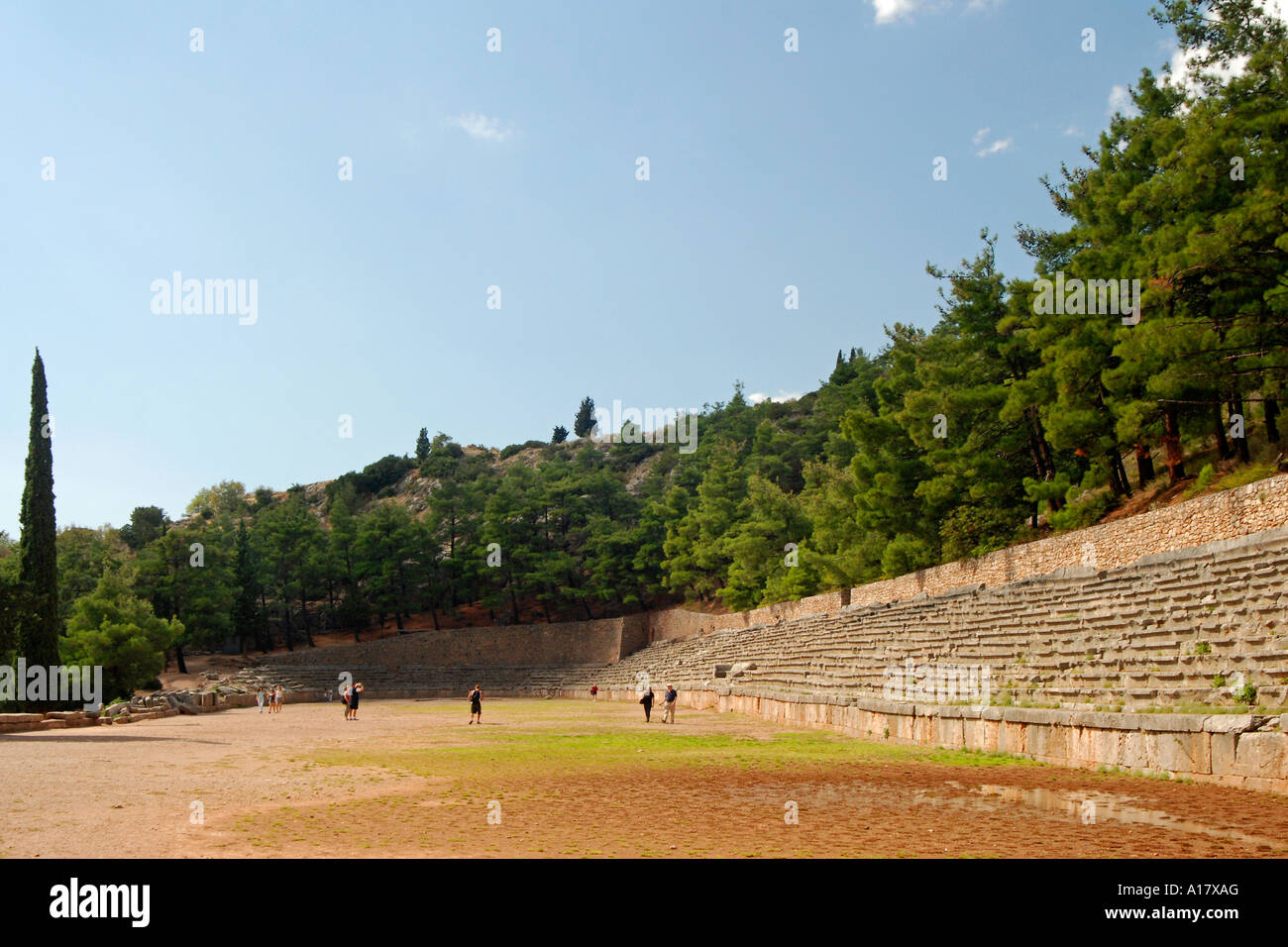 Delphi stadium ruins, Greece under Mount Parnasus Stock Photo - Alamy