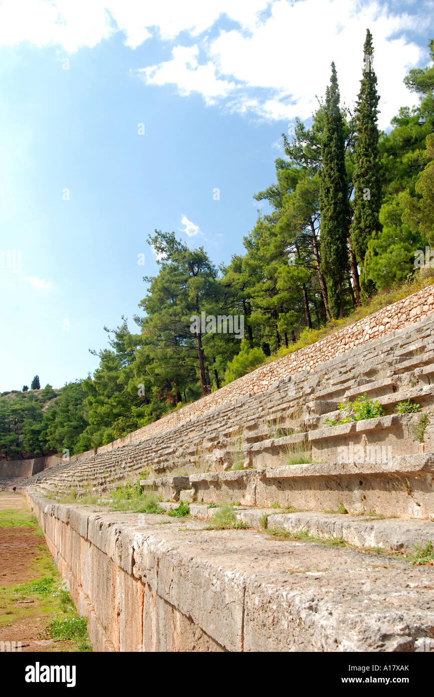 Delphi stadium ruins, Greece under Mount Parnasus Stock Photo - Alamy