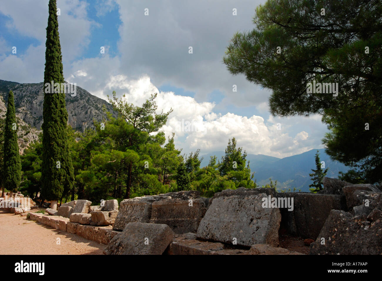 Delphi stadium ruins, Greece under Mount Parnasus Stock Photo - Alamy