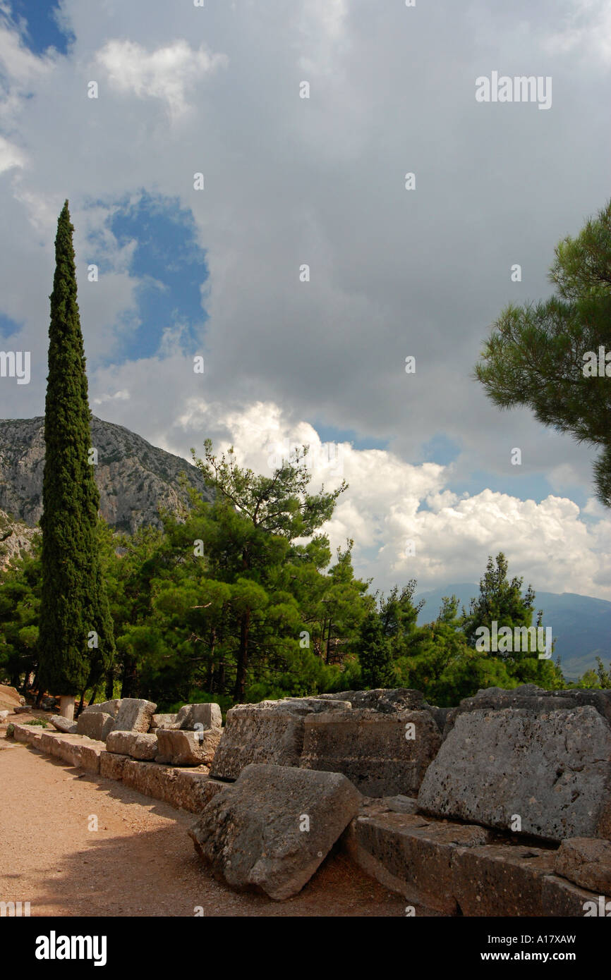 Delphi stadium ruins, Greece under Mount Parnasus Stock Photo - Alamy