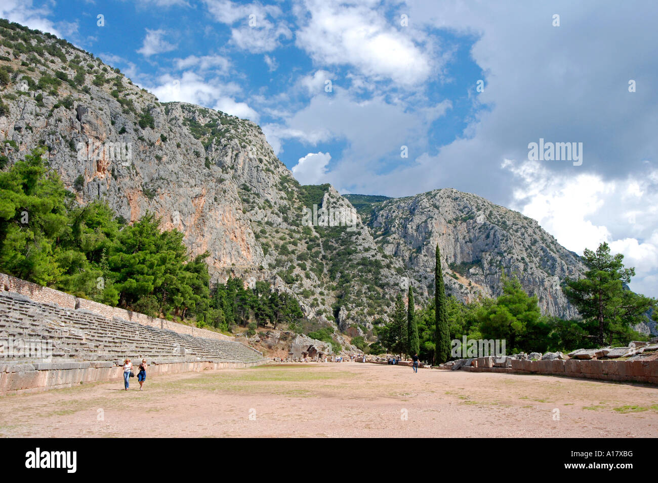 Delphi stadium ruins, Greece under Mount Parnasus Stock Photo - Alamy