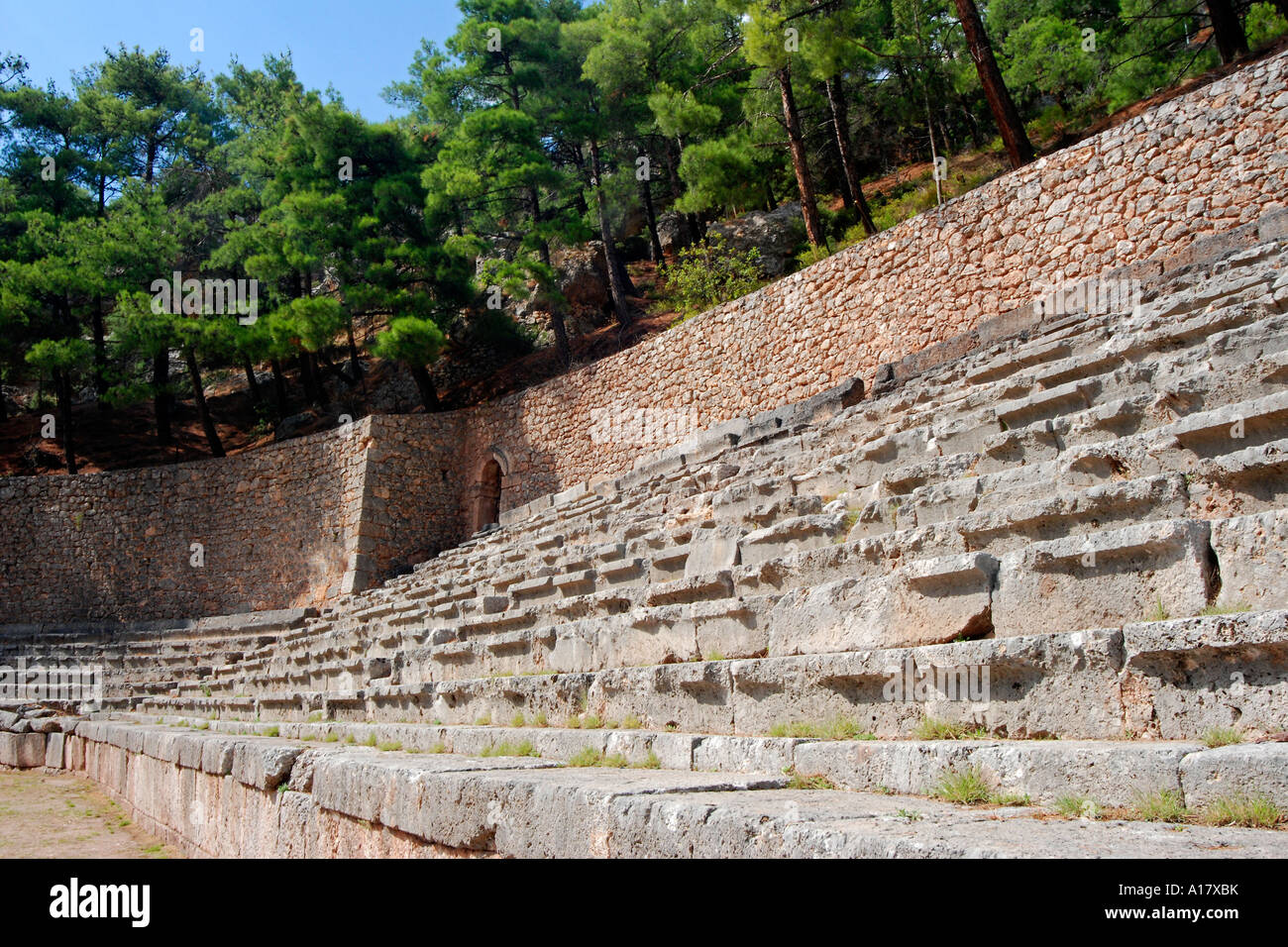 Delphi stadium ruins, Greece under Mount Parnasus Stock Photo - Alamy