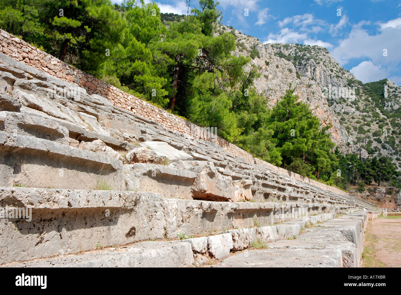 Delphi stadium ruins, Greece under Mount Parnasus Stock Photo - Alamy