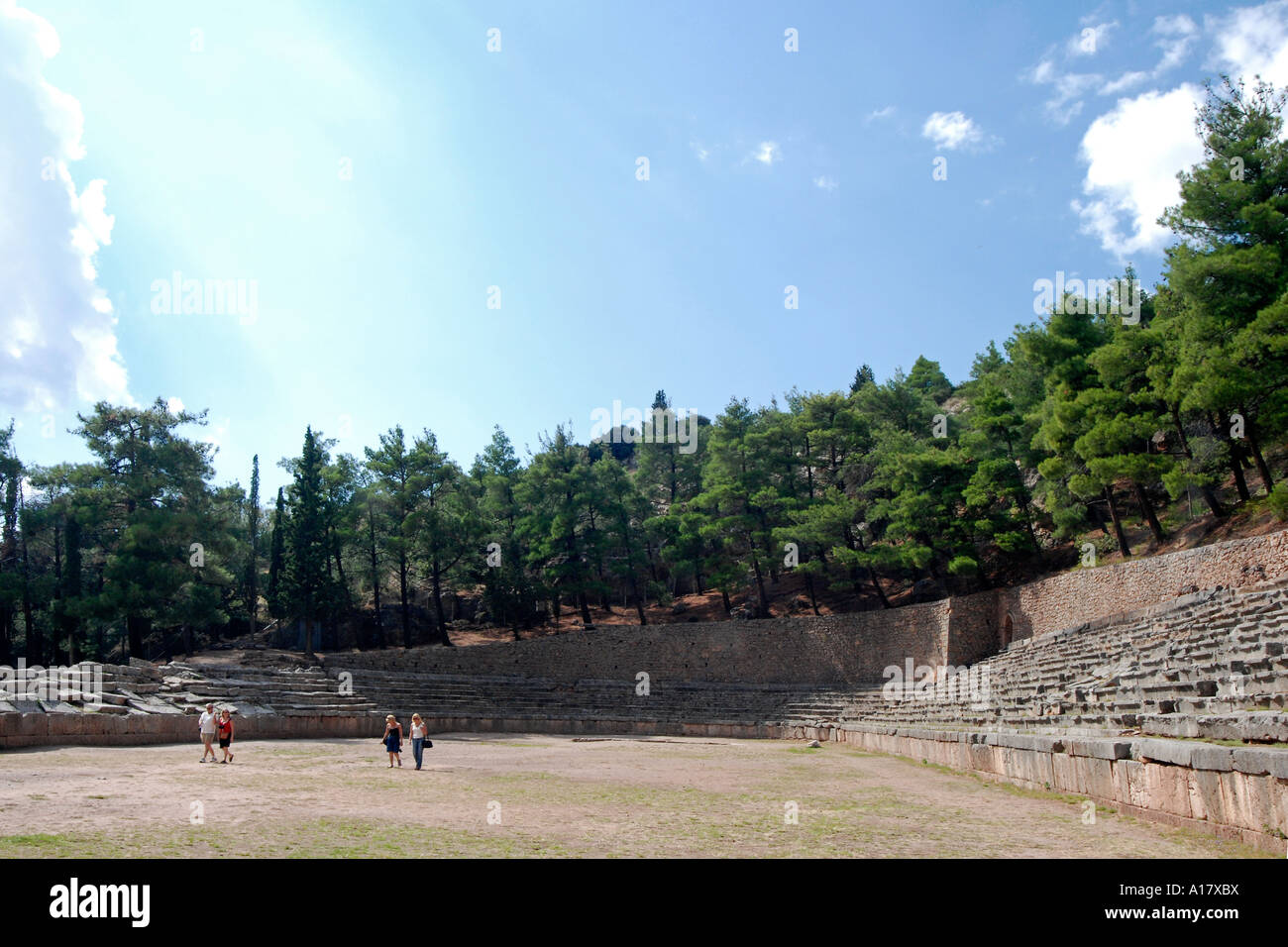 Delphi stadium ruins, Greece under Mount Parnasus Stock Photo - Alamy