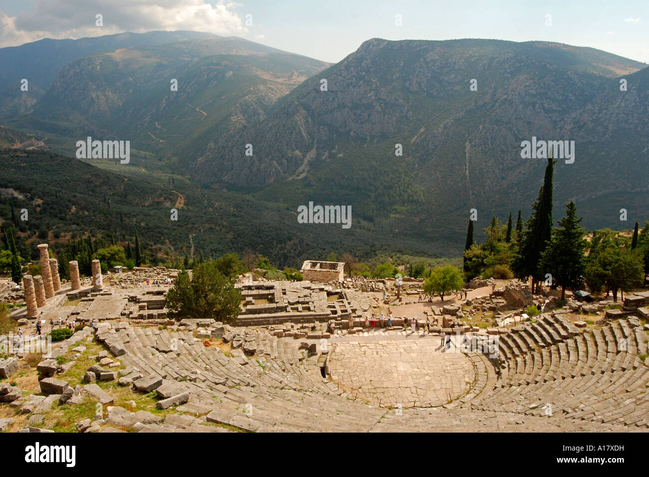 Amplitheater, Delphi ruins, Greece under Mount Parnassus Stock Photo ...