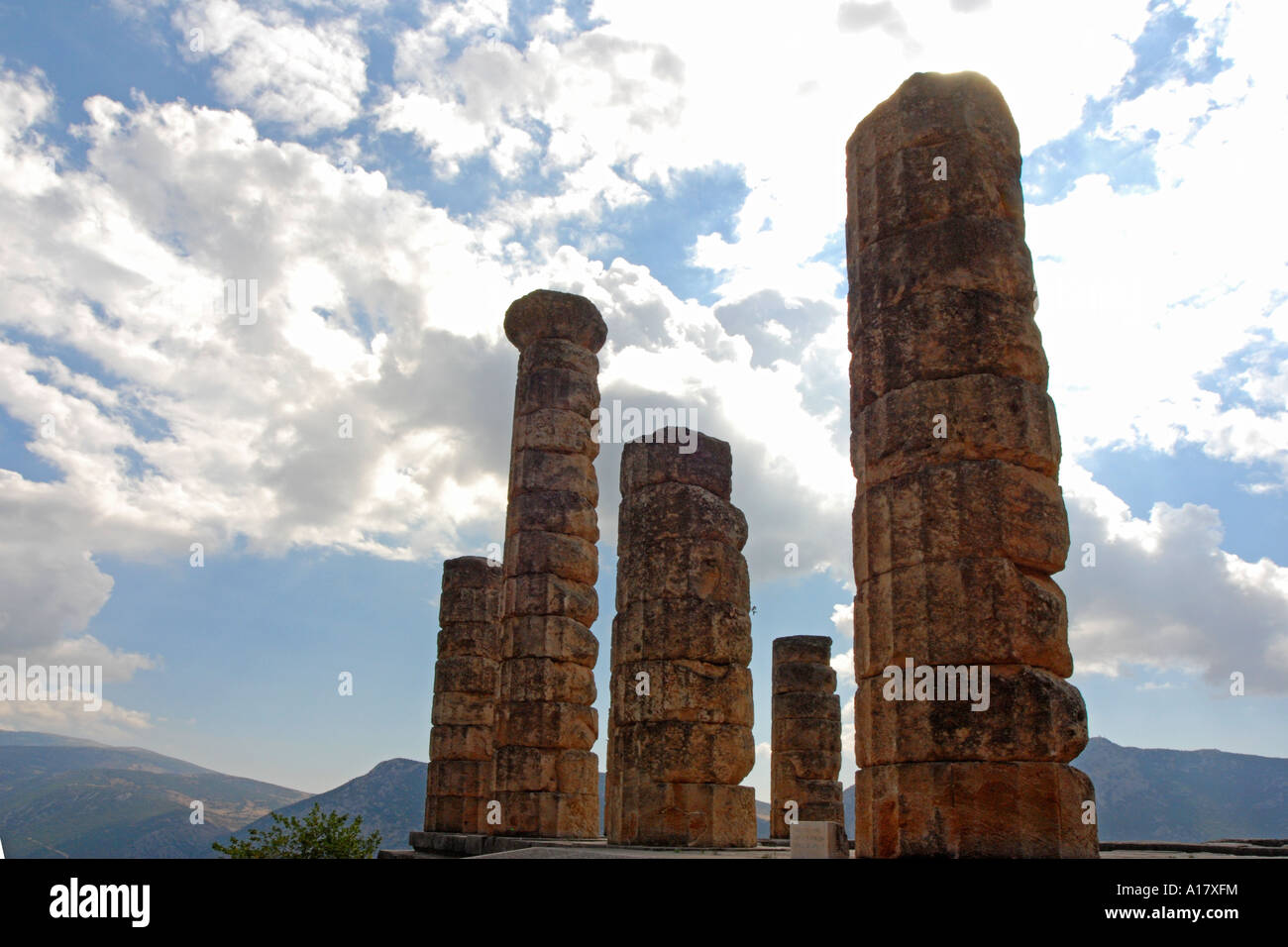 Temple of Apollo, Delphi ruins, Greece under Mount Parnassus Stock ...