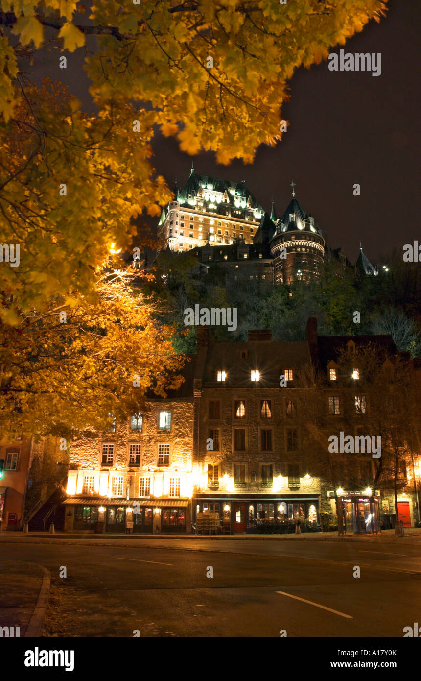 The Chateau Frontenac at night framed by autumn leaves Stock Photo - Alamy