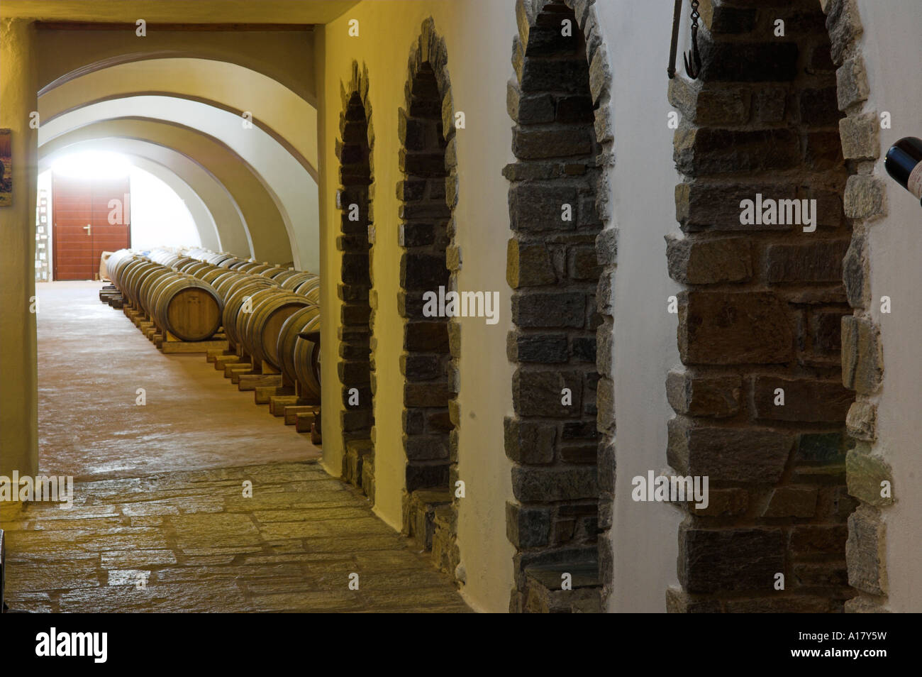 Old style wine casks in cellars with bottle storage rooms on side ...