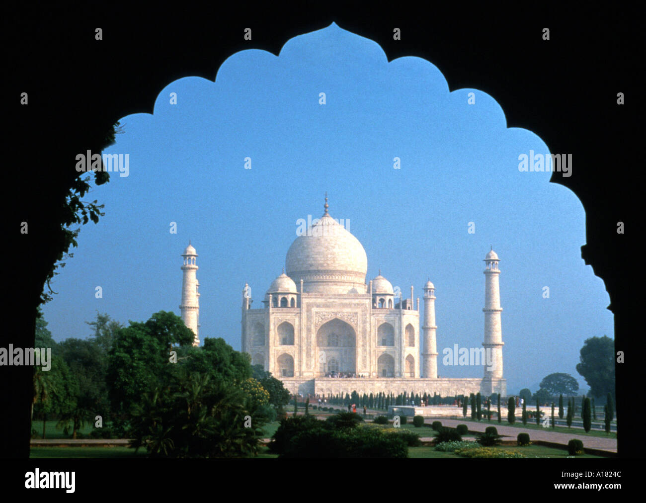Taj Mahal as seen through silhouetted window Agra India Stock Photo - Alamy