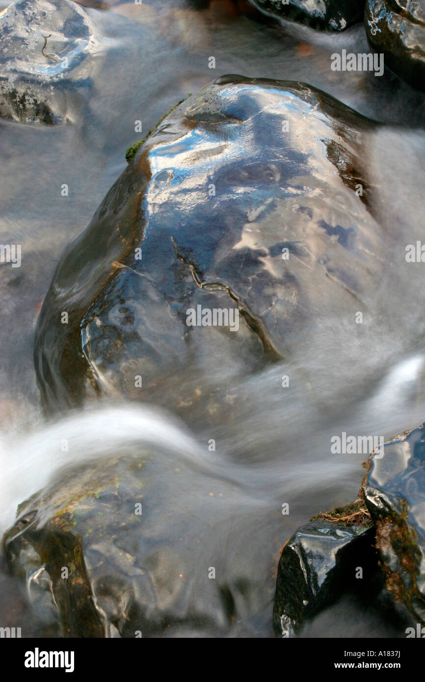 long exposure of water and wet rock, river teviot, scottish borders ...
