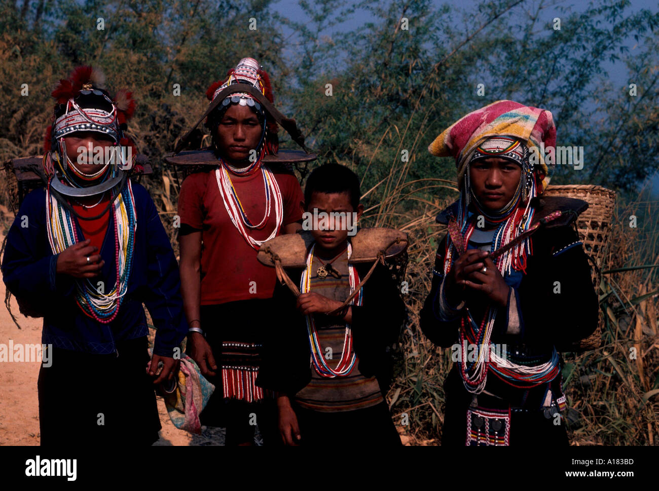 Group from the Aka Hill Tribe in traditional dress Chiang Rai Thailand ...