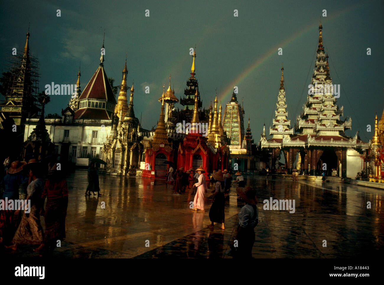 Rainbow after storm Shwe Dagon Pagoda Complex Yangon Rangoon Myanmar ...