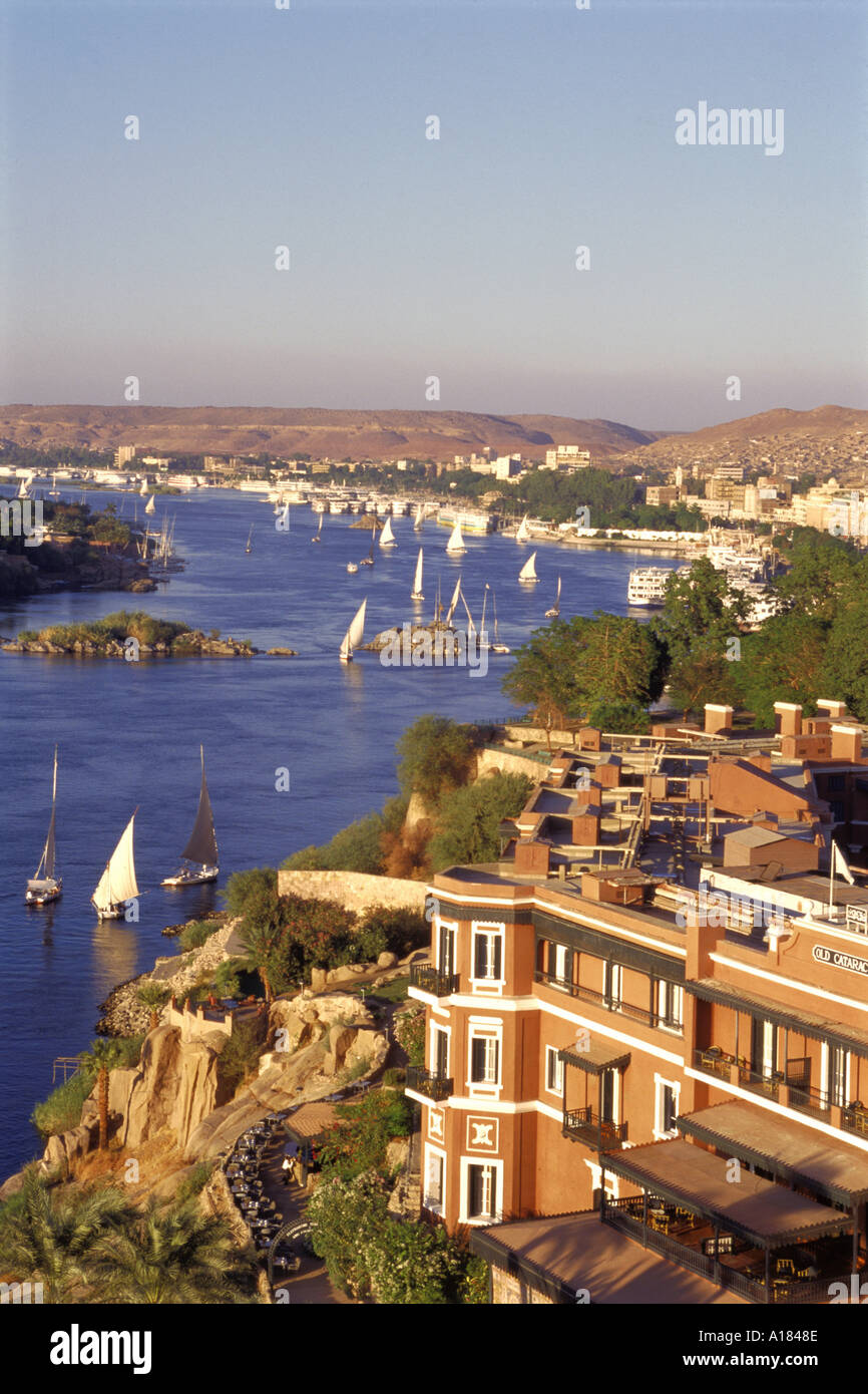 View over the Old Cataract Hotel and the River Nile with feluccas Aswan ...