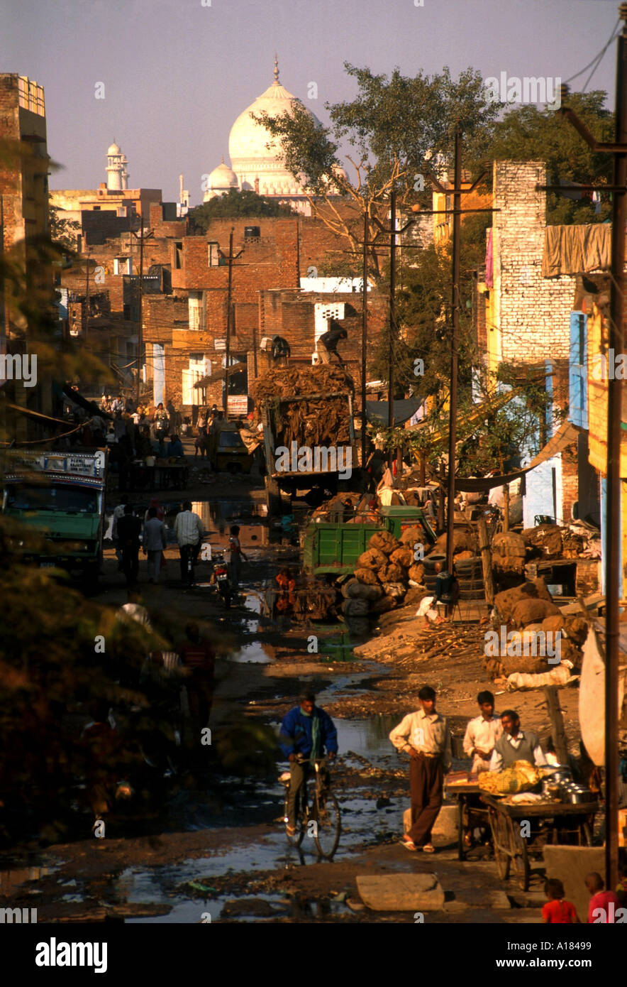 Aerial view over street showing poverty within a mile of the Taj Mahal ...