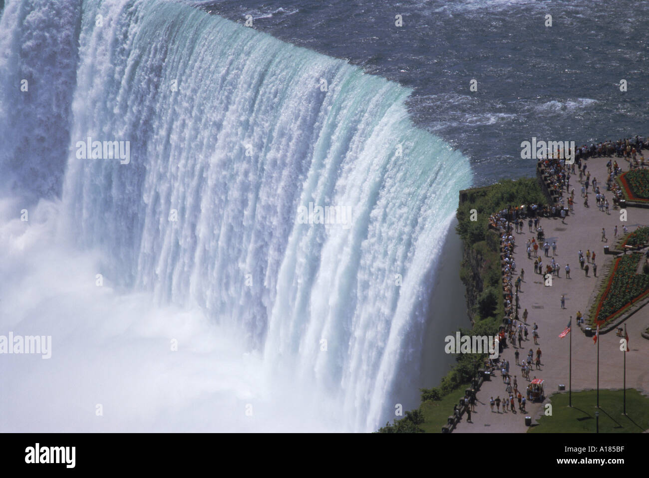 Tourists on viewing platform on Canadian side of the waterfall view the ...