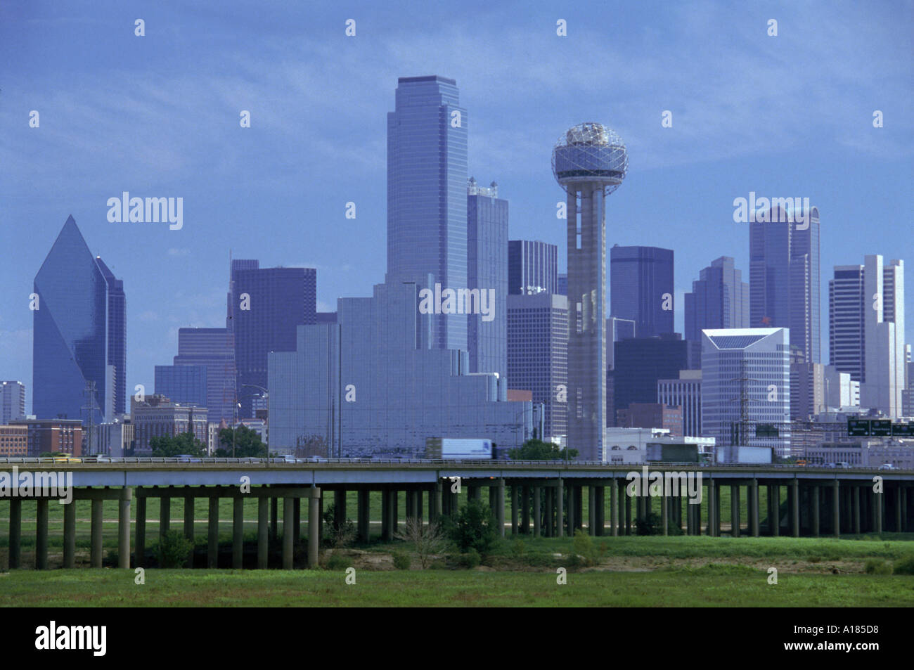 Freeway bridge over the Dallas River floodplain and the skyline of the ...